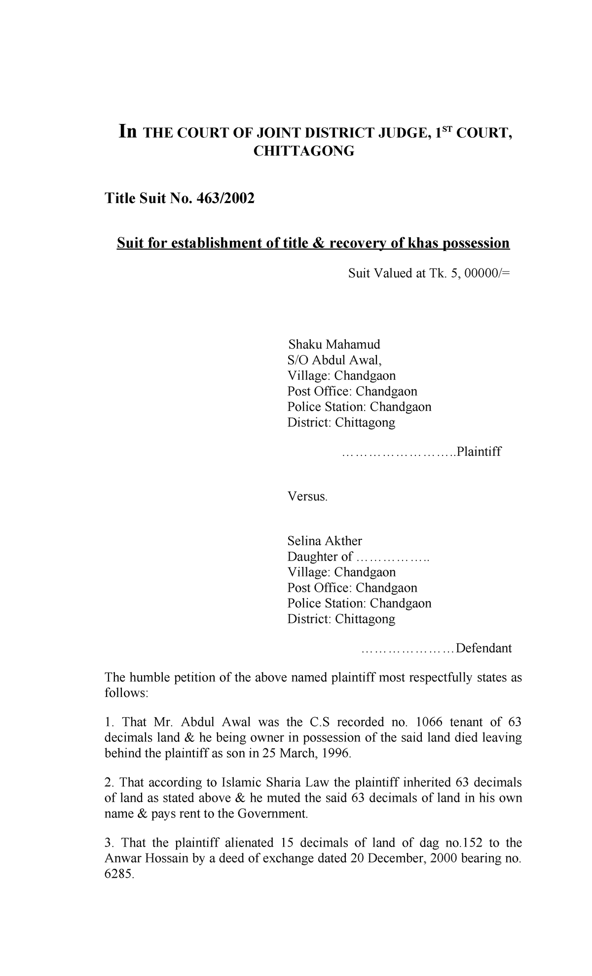 Lec 4(A) Sample Plaint Draft for Title Suit No. in Chittagong - Studocu