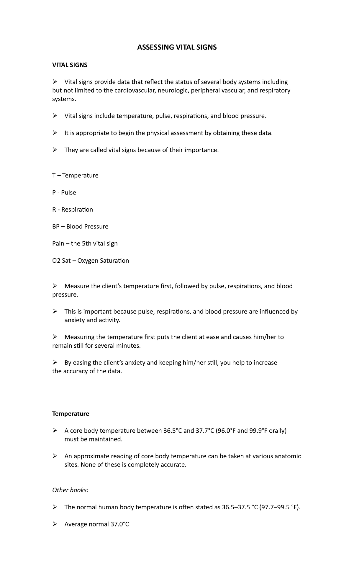 Vital Signs Assessment Study Notes for Nursing (NURS 101) - Studocu