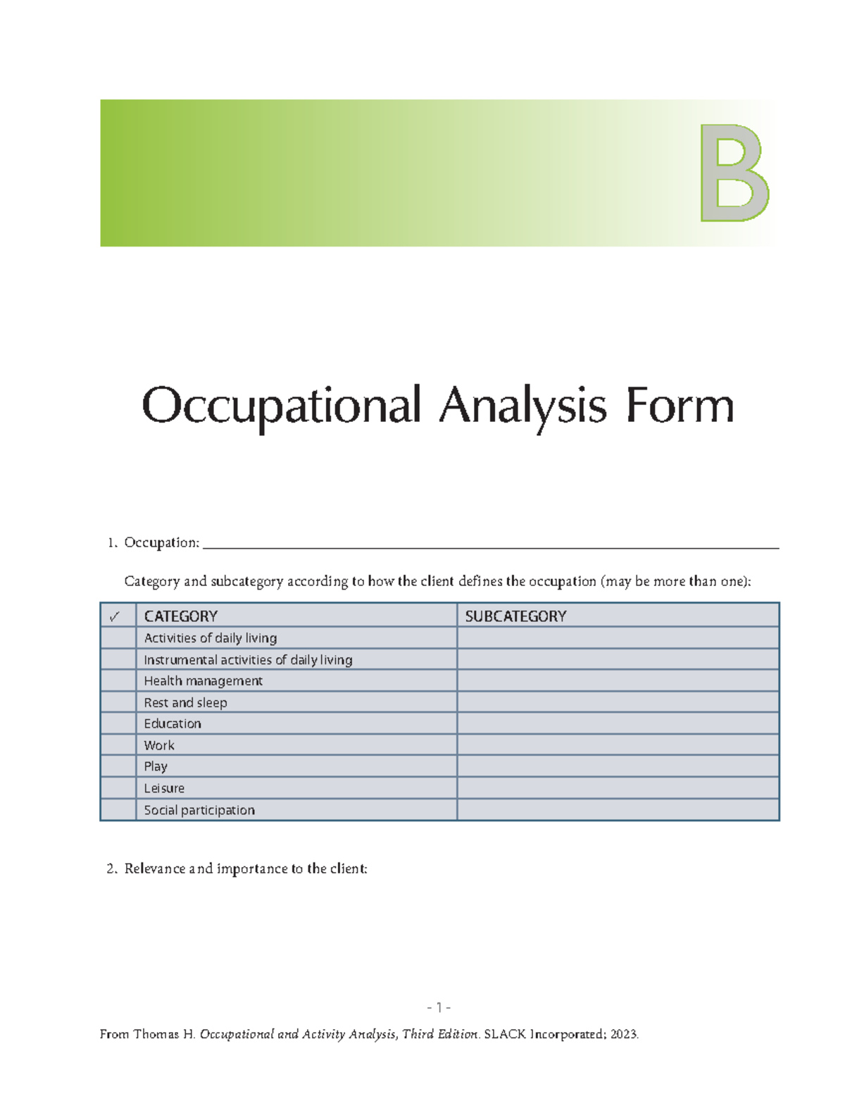 **OT 101: Occupational Analysis Form and Client Assessment Guide ...