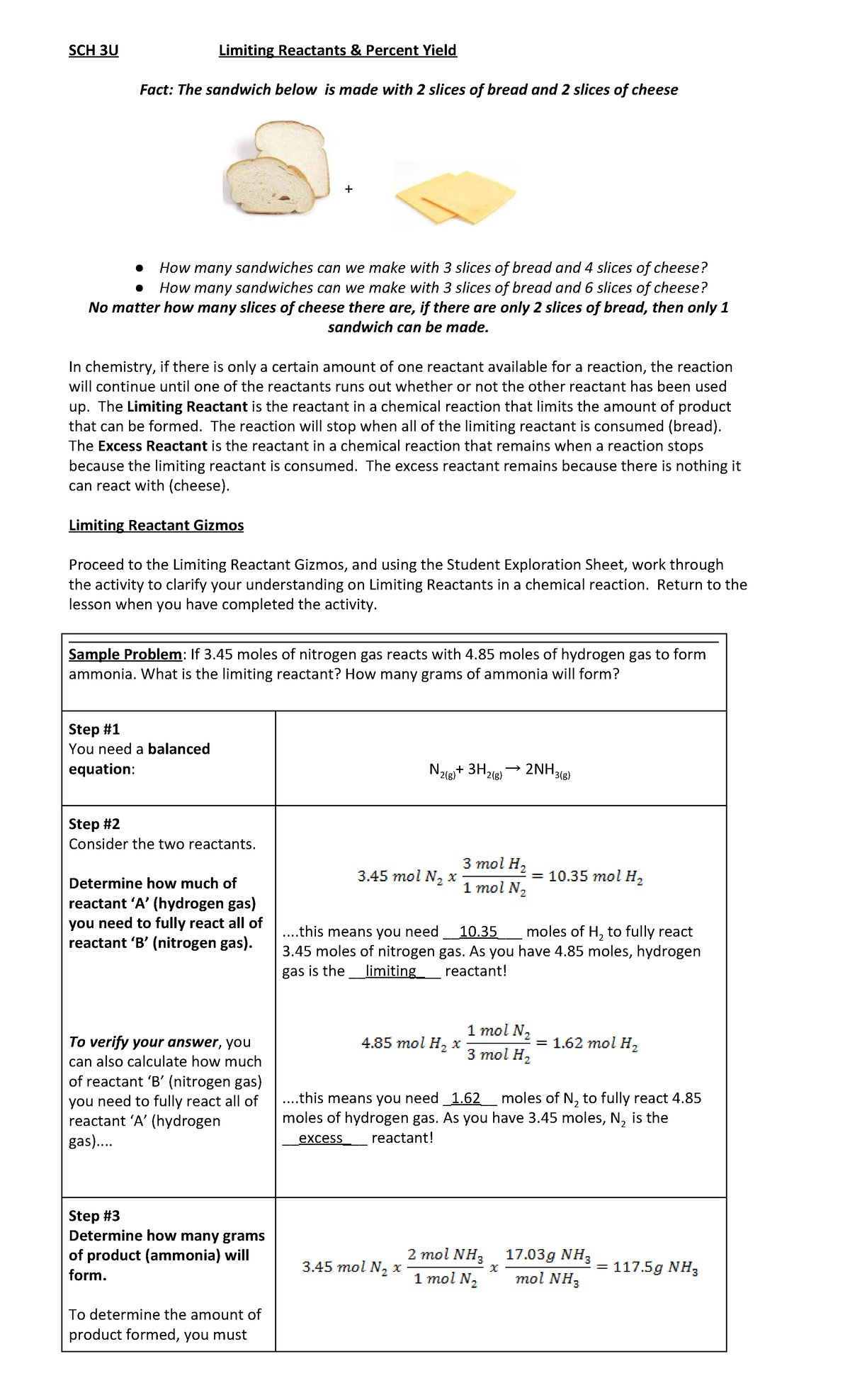 SCH 3U Limiting Reactants and Percent Yield Study Notes - Studocu