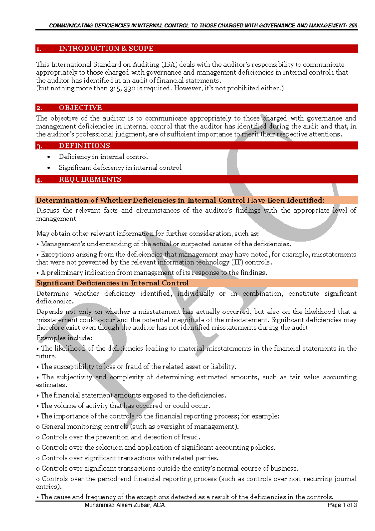 Audit ISA 265 Class nOtes - COMMUNICATING DEFICIENCIES IN INTERNAL ...