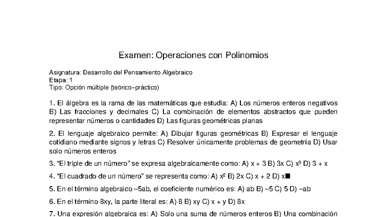 Examen: Operaciones con Polinomios - Desarrollo del Pensamiento ...