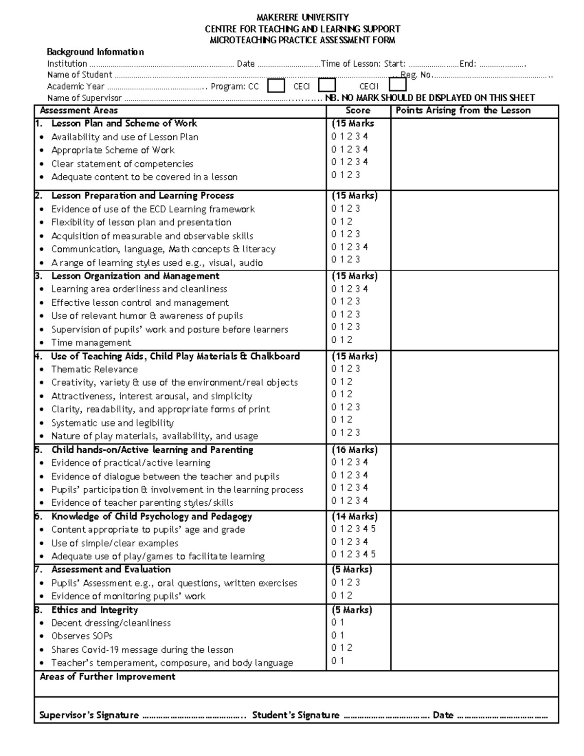 Microteaching Practice Assessment Form - Makerere University 2021 - Studocu