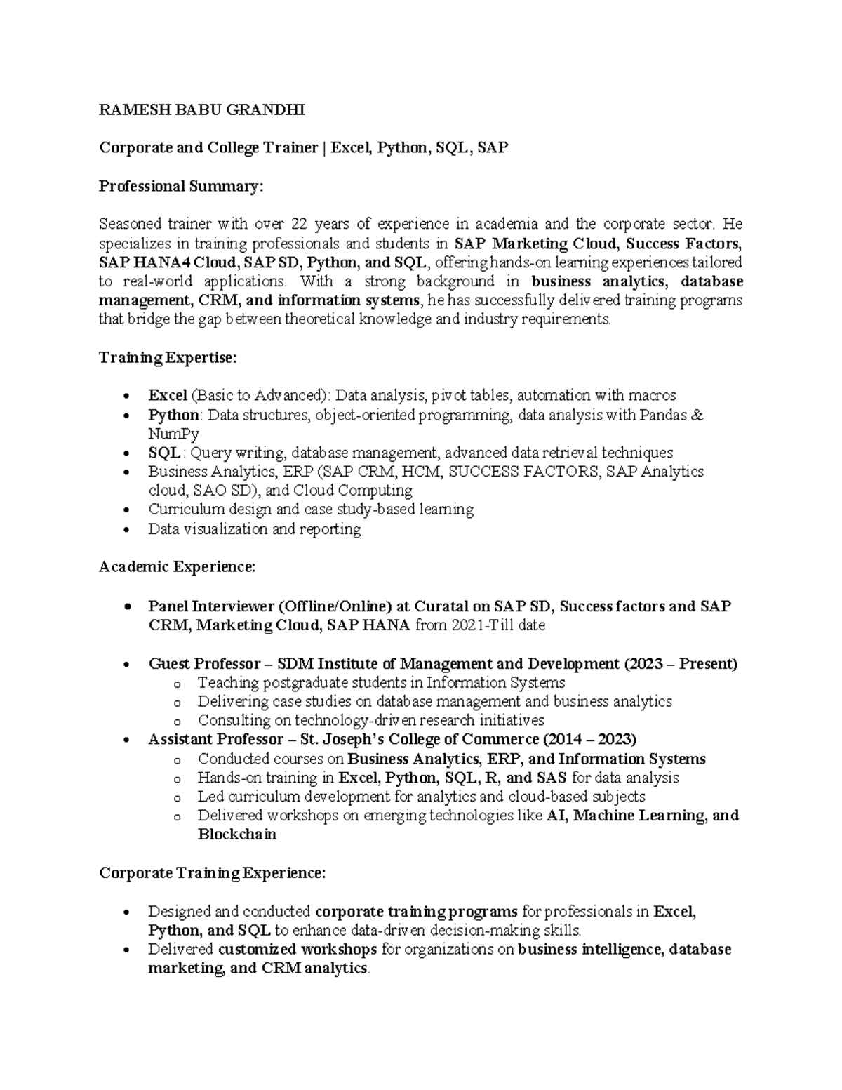 Ramesh Babu - Corporate Trainer in SAP, Excel, Python, SQL - Studocu
