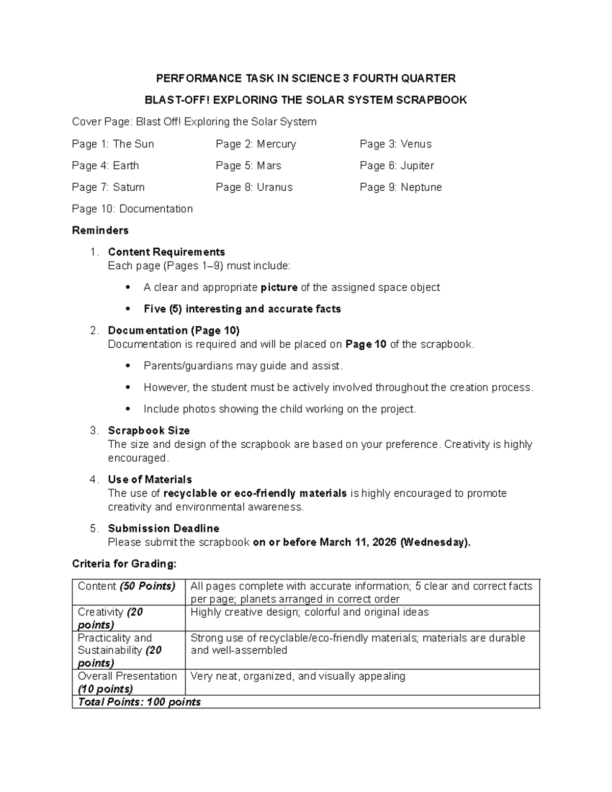 PERFORMANCE TASK IN SCIENCE 3: SOLAR SYSTEM SCRAPBOOK - Studocu