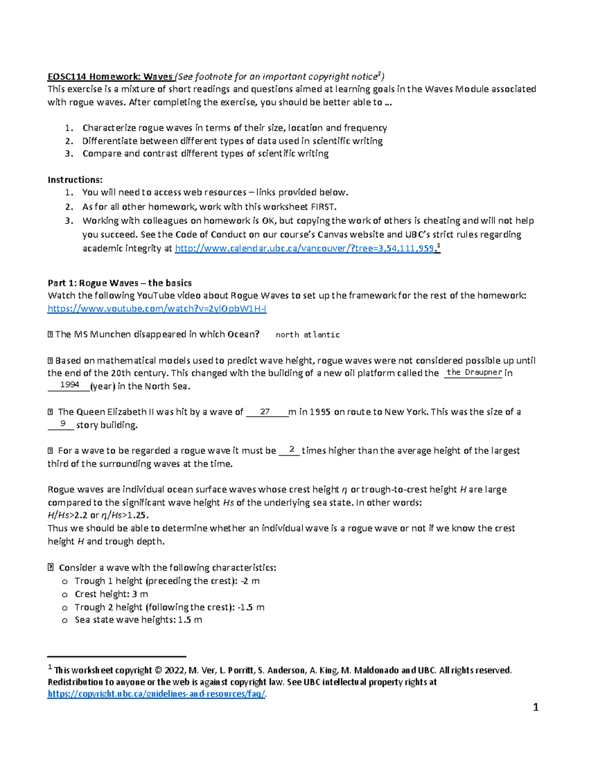 EOSC114 Waves Assignment Homework on Rogue Waves (Due Feb 26) - Studocu