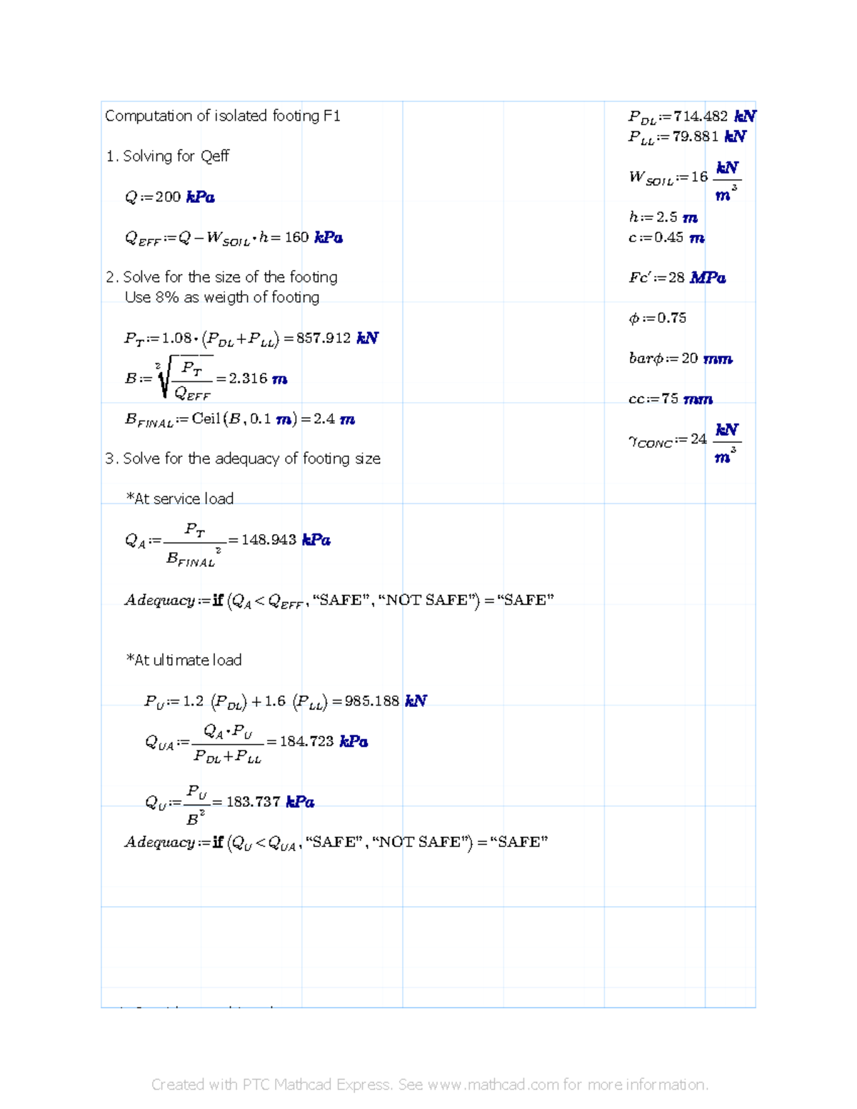 Mathcad - awi - Computation of isolated footing F1 P ≔ DL 714 P ≔ LL 79 ...
