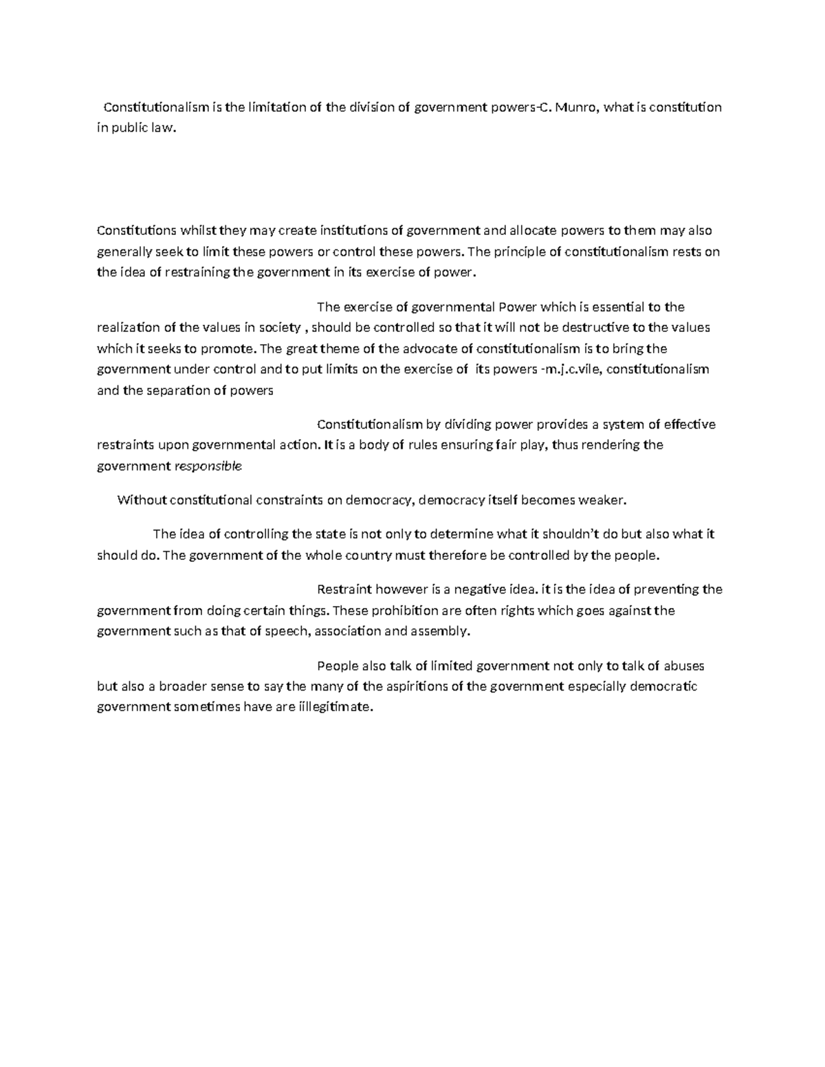 Constitutionalism - Lecture Notes on Gov Power Limits and Control - Studocu