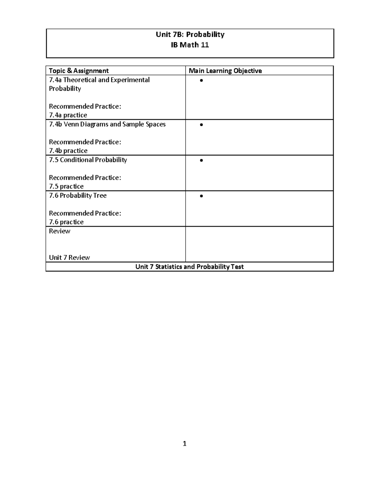 Unit 7B: Probability IB Math 11 Assignment on Theoretical ...