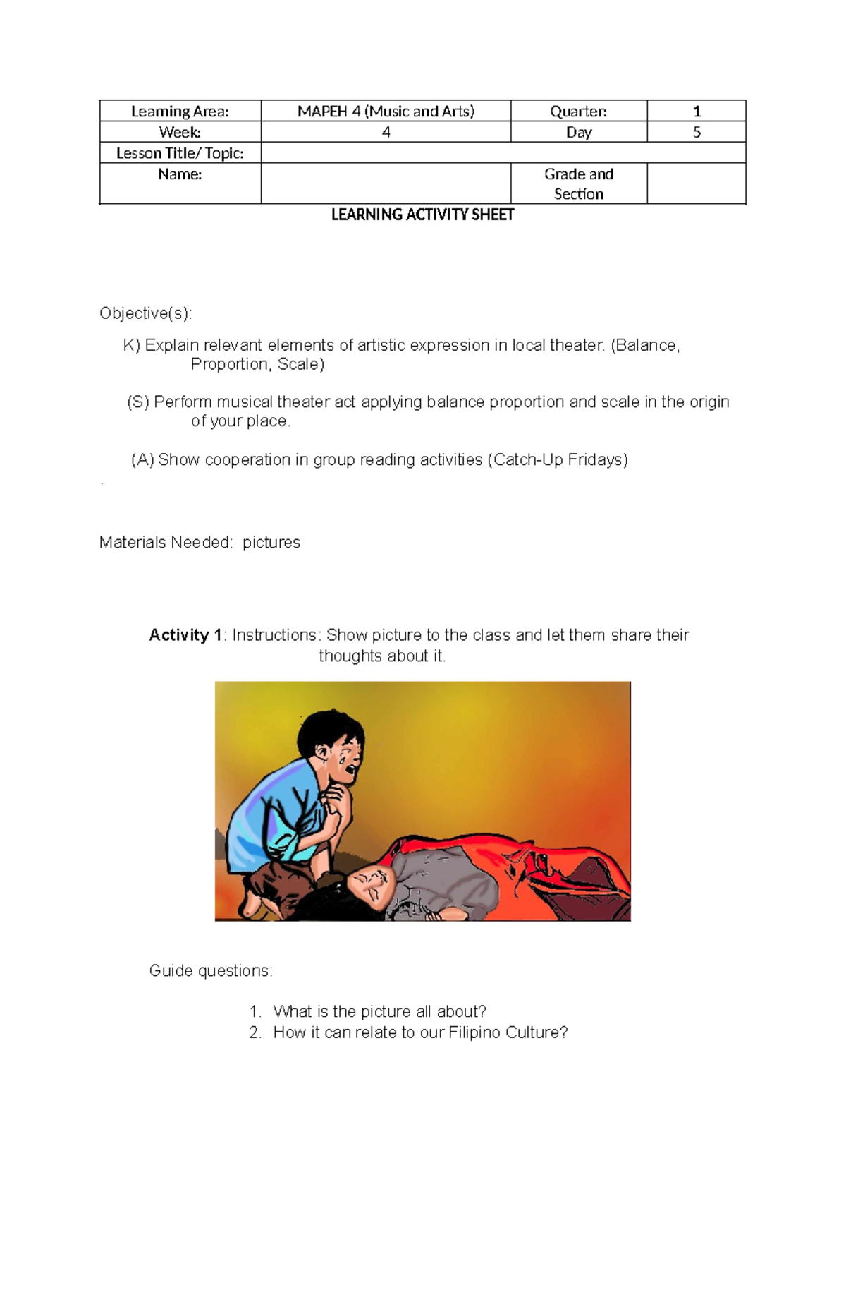 Activity Sheet for Grade 4 MAPEH Music & Arts Q1 W4 Day 5 - Studocu