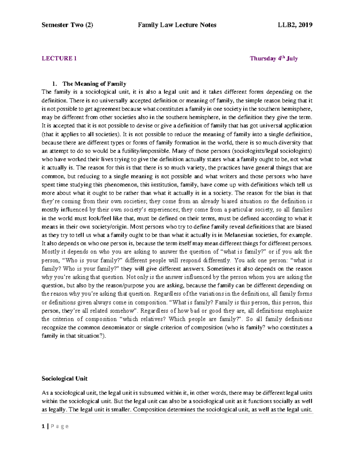 Semester Two (2) Family Law Lecture Notes LLB2, 2019 - Studocu