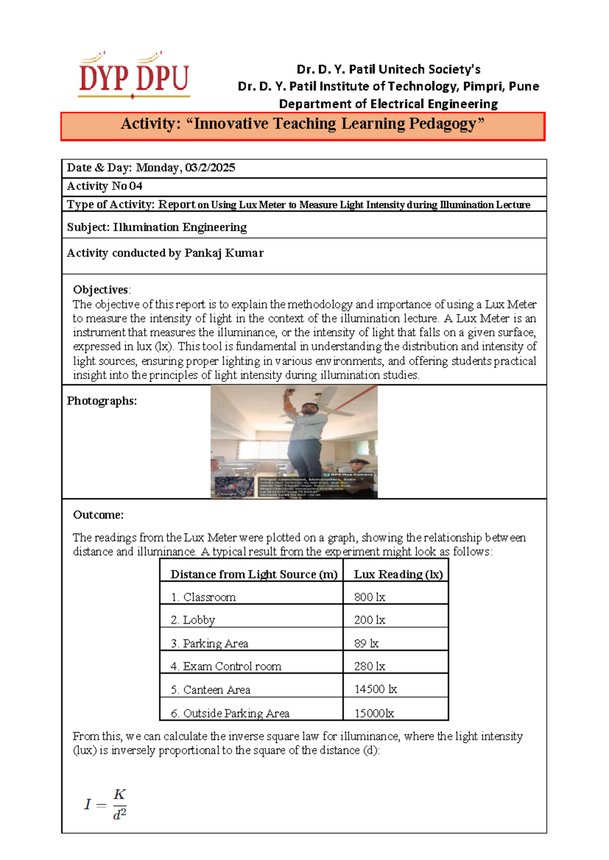 Activity 04 Report: Using Lux Meter in Illumination Engineering - Studocu