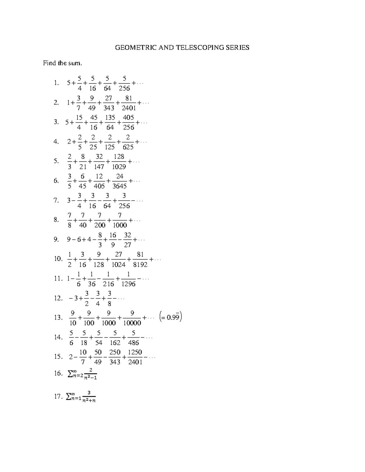 Geometric & Telescoping Series Problems - Math 101 Practice Set ...