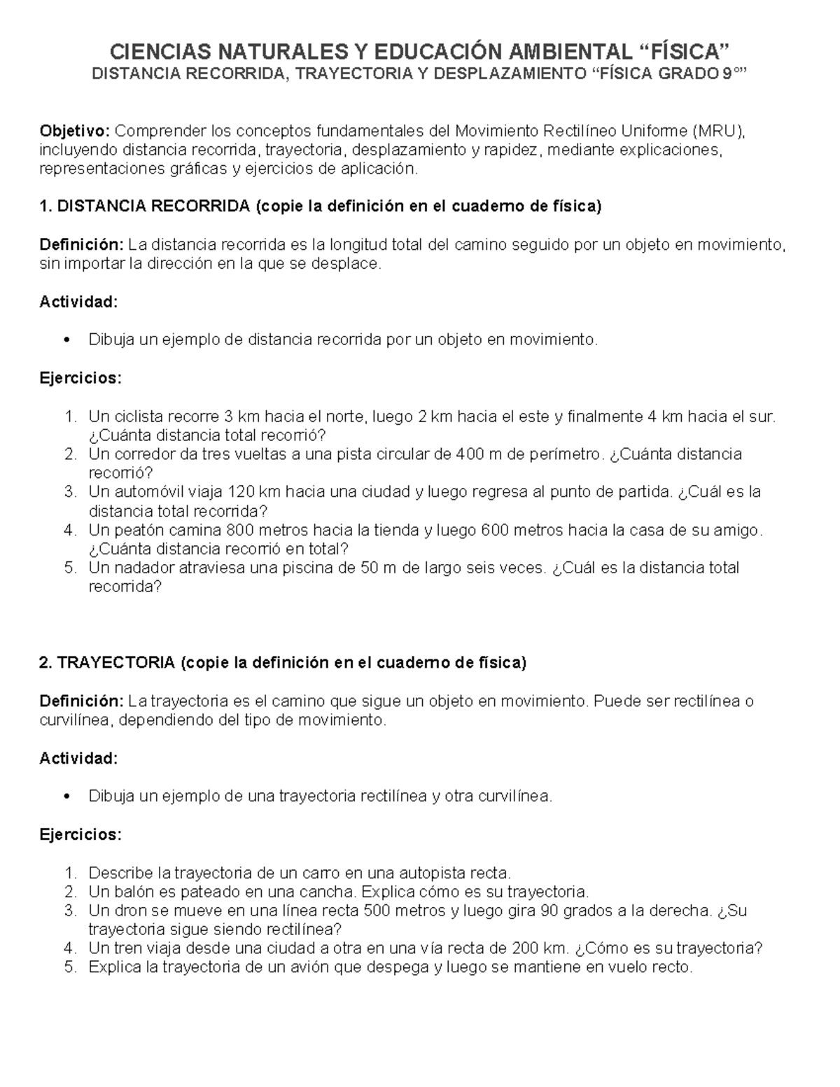 Taller de Distancia Recorrida, Trayectoria y Desplazamiento - CIENCIAS ...