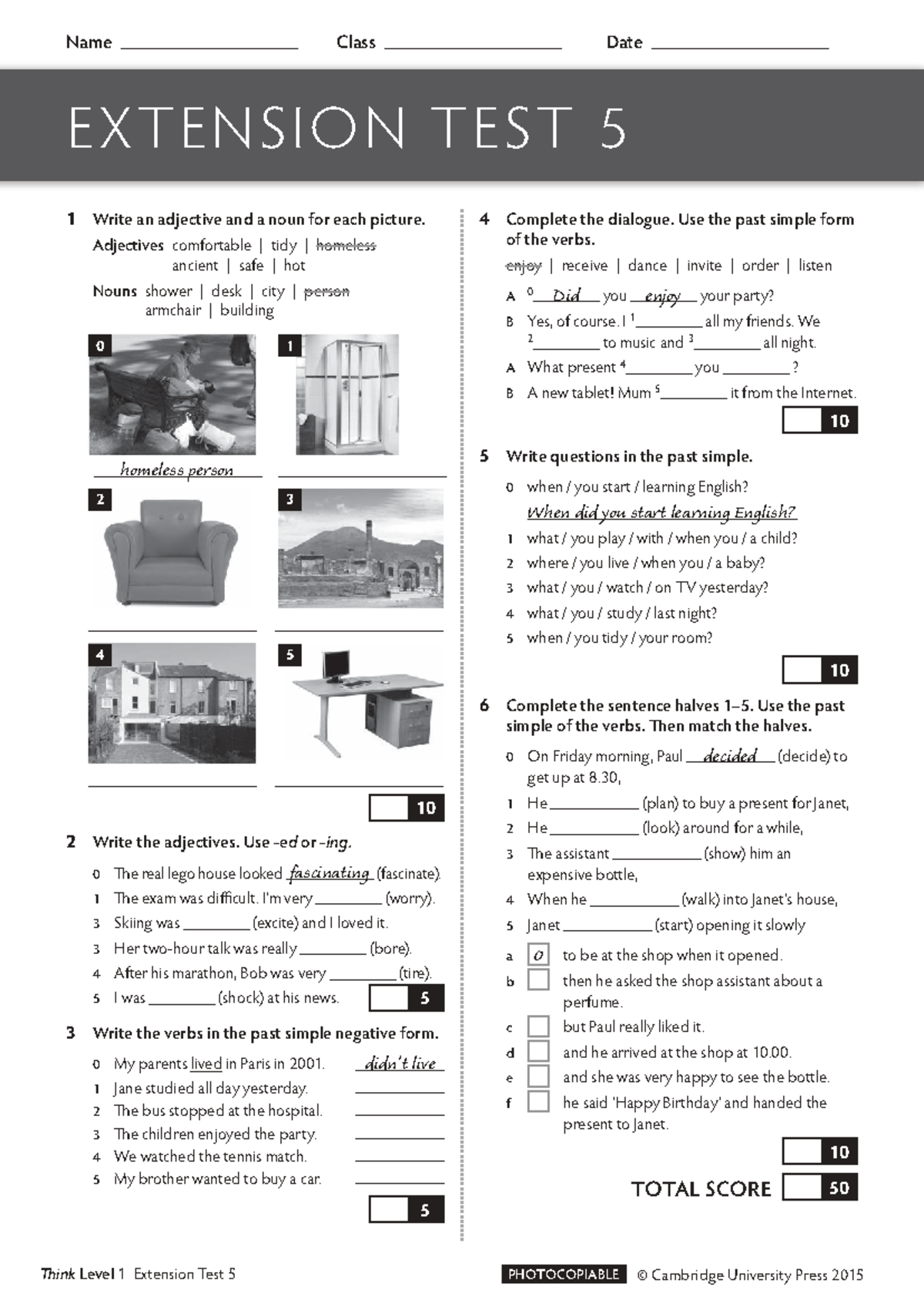 Unit 5 E X T E N S I O N Test - Adjectives, Verbs, and Past Simple ...