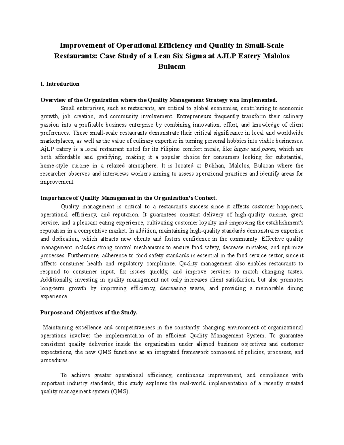 Improving Operational Efficiency at AJLP Eatery: A Lean Six Sigma Case Study - Studocu