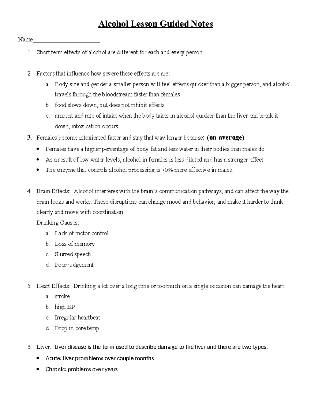 HPE 2 Alcohol Lesson Guided Notes: Effects and Myths Explained - Studocu
