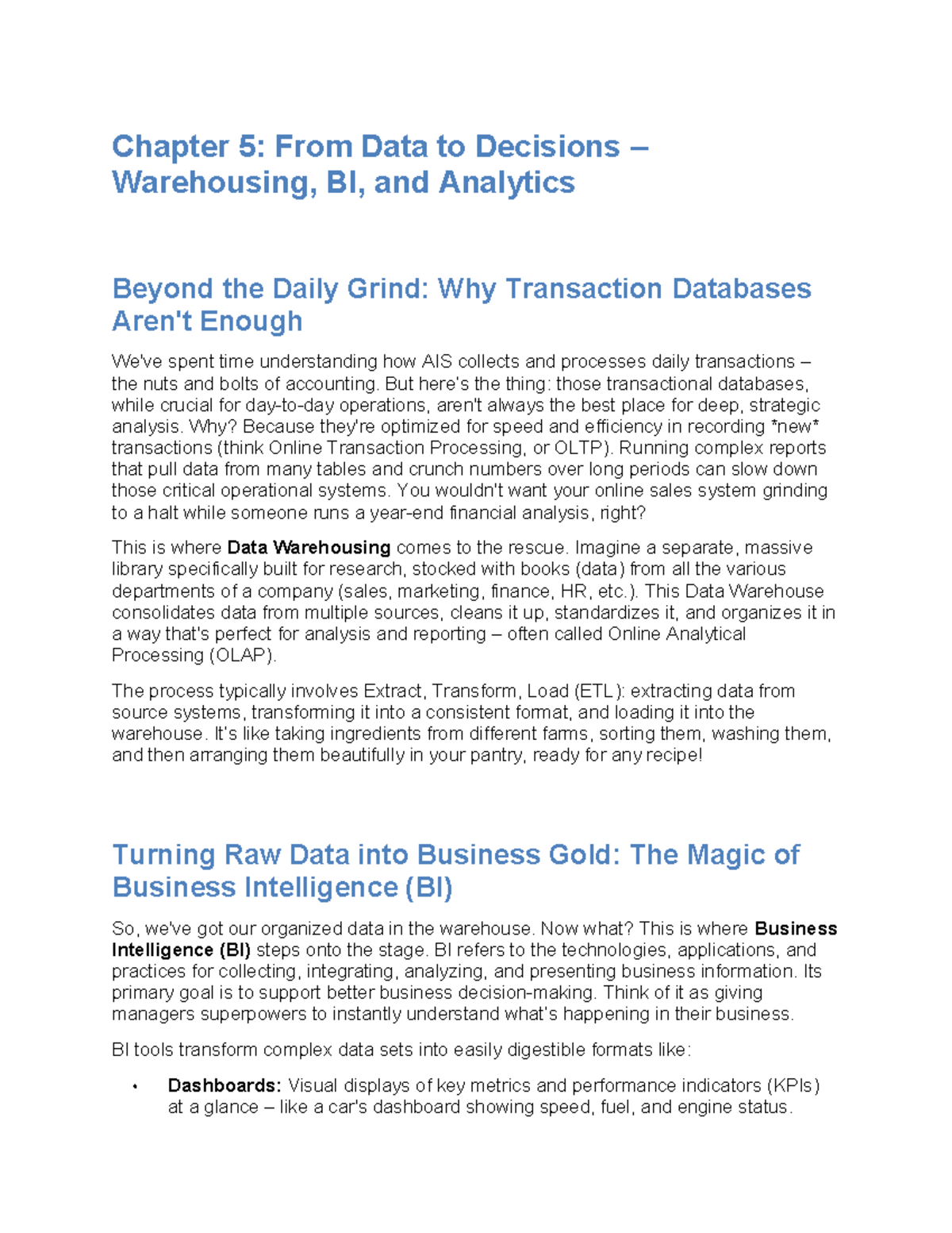 Chapter 5: Data Warehousing, BI, and Analytics in AIS Basics - Studocu