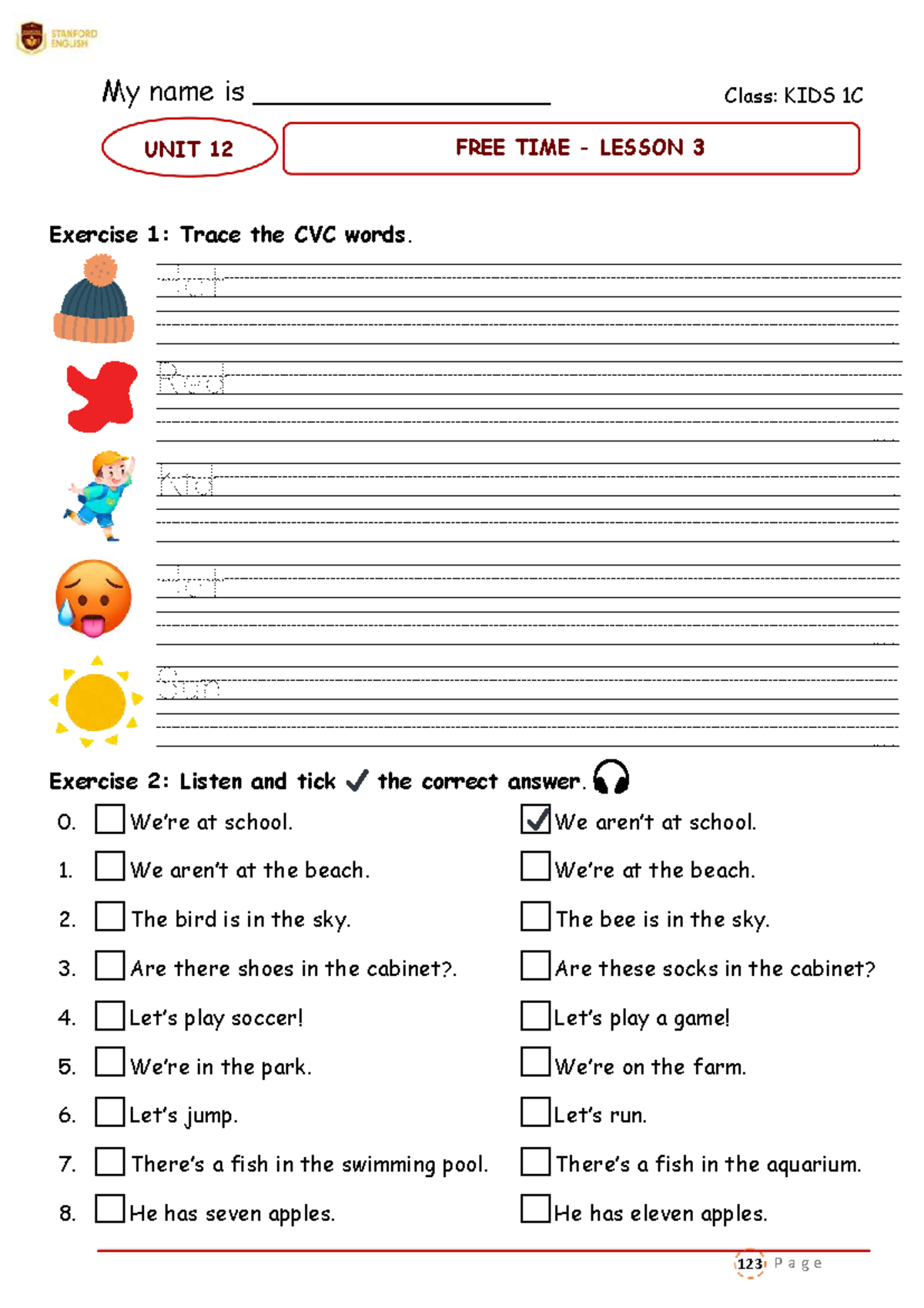 KIDS 1C FREE TIME LESSON 3 UNIT 12 Worksheet Activities - Studocu