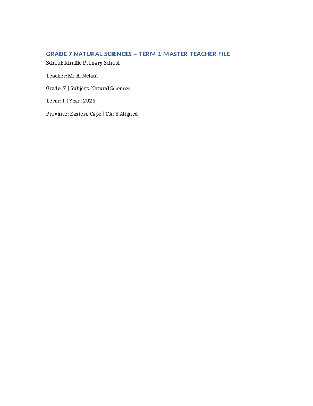GRADE 7 NATURAL SCIENCES TERM 1 MASTER TEACHER FILE 2026 - Studocu