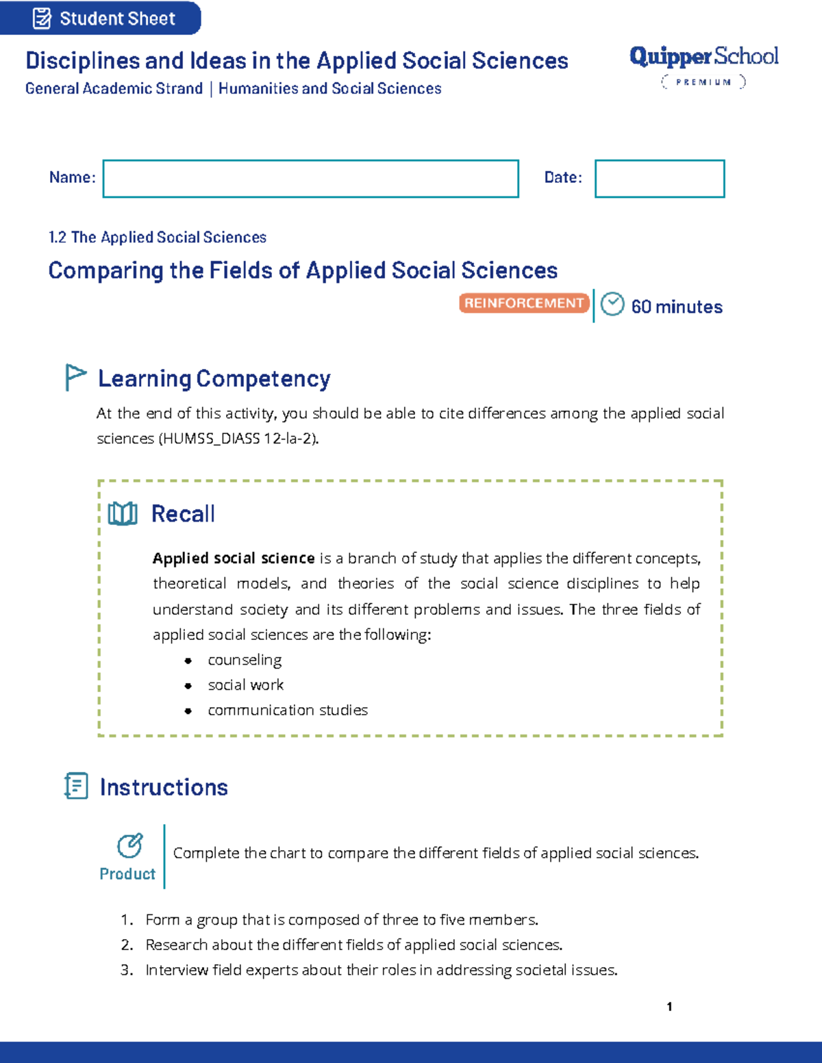 DIA 12 Q1 0102 SS: Comparing Fields in Applied Social Sciences - Studocu