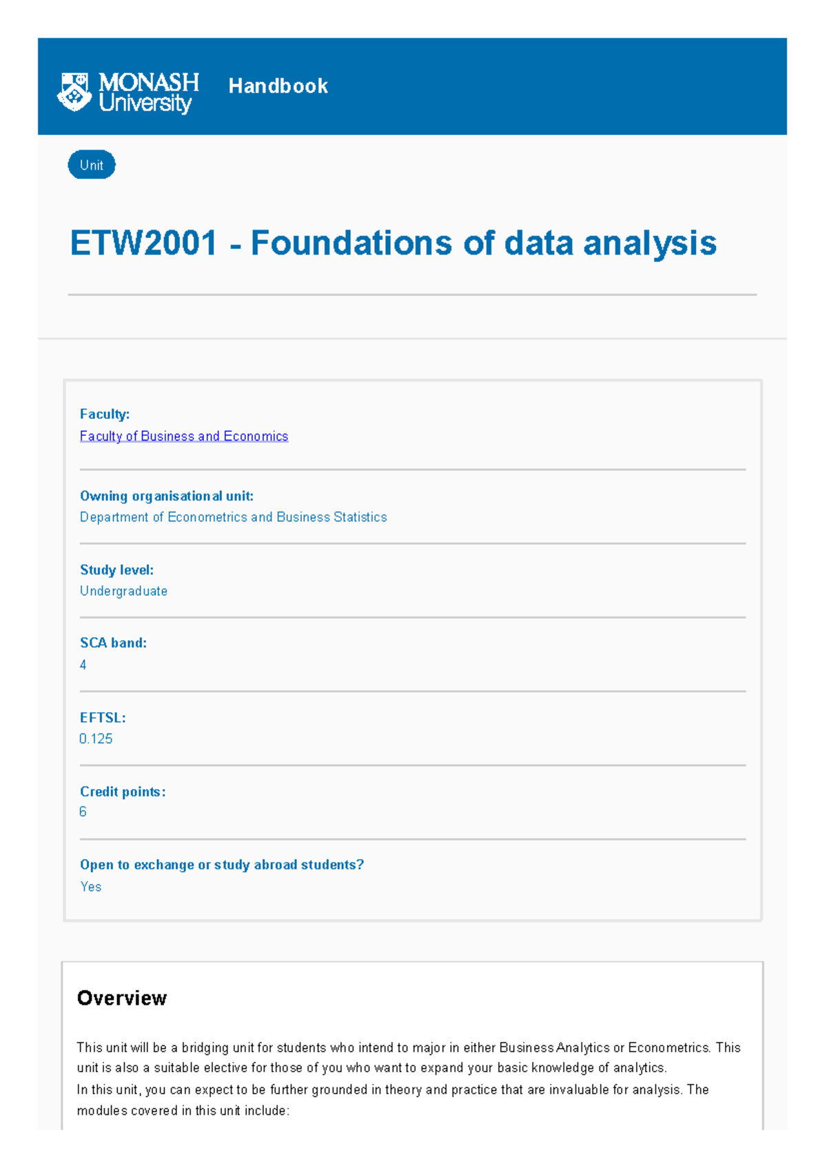 ETW2001 - Foundations of Data Analysis Unit Overview Handbook - Studocu