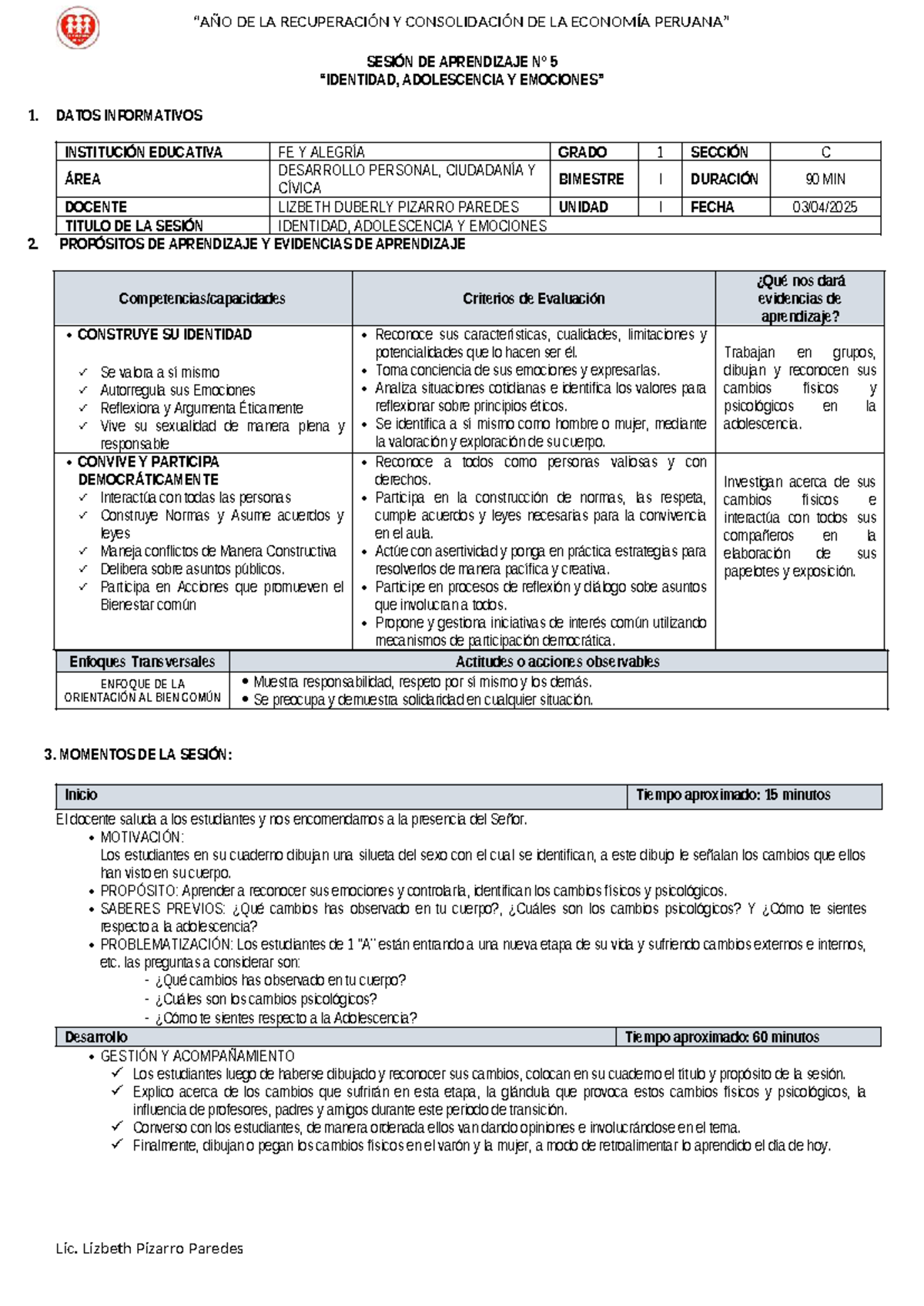 Sesión de Aprendizaje - DPCC 1C (03-04) - SESIÓN DE APRENDIZAJE N° 5 “IDENTIDAD, ADOLESCENCIA Y ...
