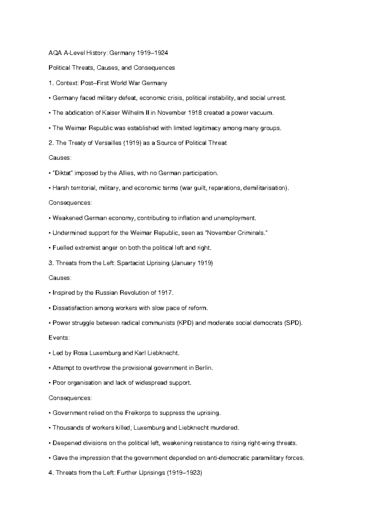 AQA History: Political Threats in Germany (1919-1924) Analysis - Studocu