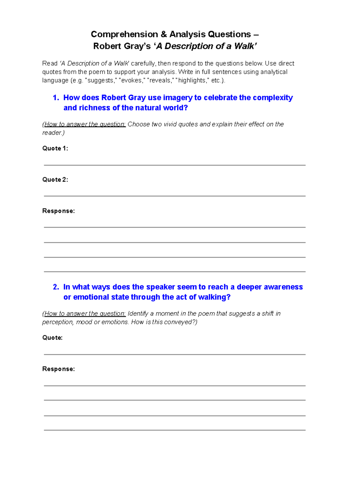 Comprehension & Analysis Questions for Robert Gray's Poem (ENG 101 ...