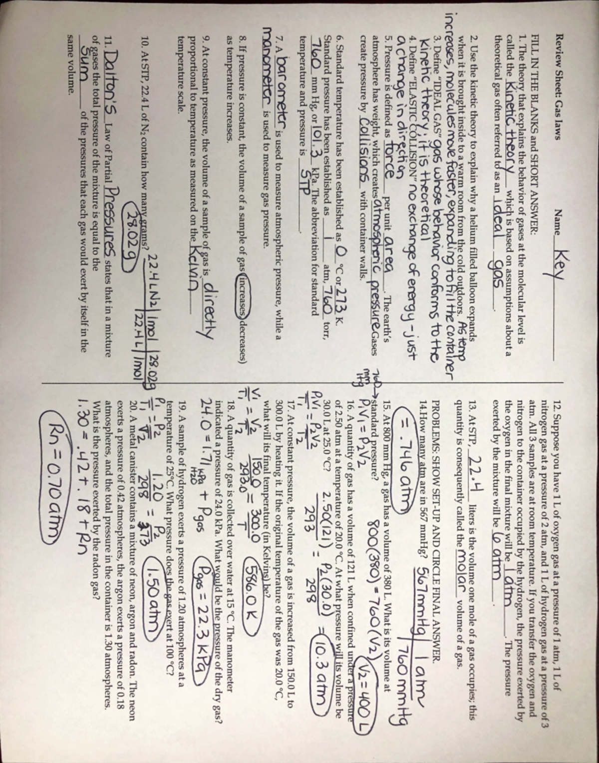 Gas Law Review Answers and Explanations for Concepts and Problems - Studocu