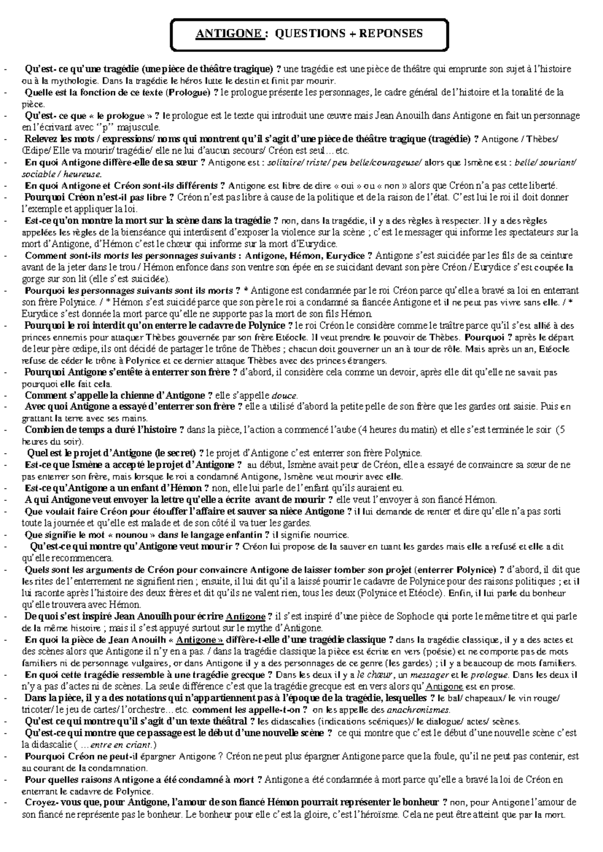 ANTIGONE : QUESTIONS ET RÉPONSES SUR LA TRAGÉDIE DE JEAN ANOUILH - Studocu