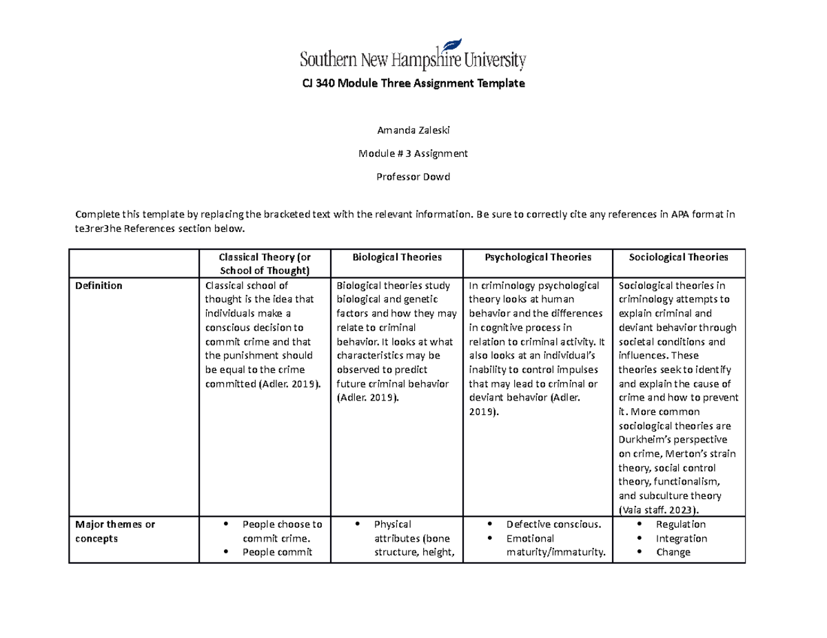 CJ 340 Module 3 Assignment: Classical, Biological, Psychological, and ...