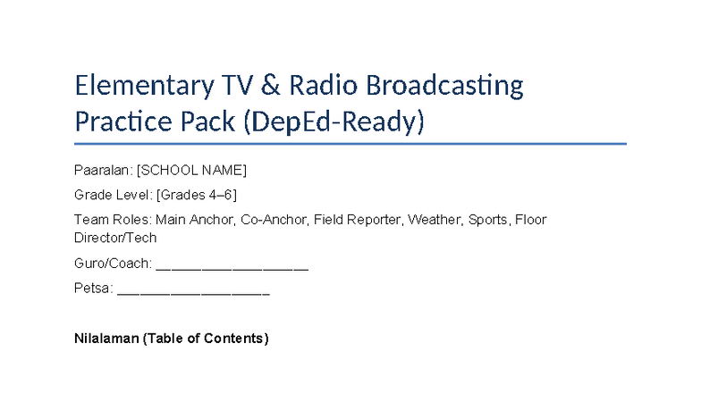 Elementary TV & Radio Broadcasting Practice Pack: DepEd Ready v7 - Studocu