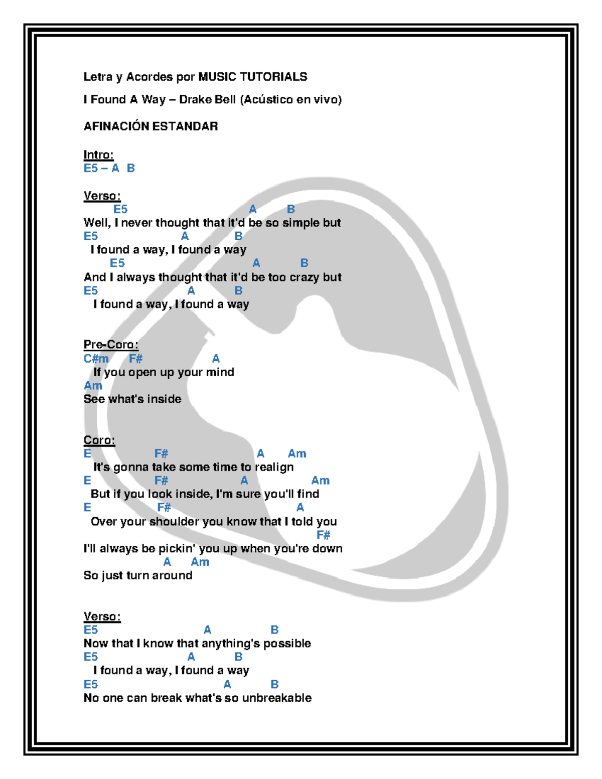 I Found A Way - Letra y Acordes (MUSIC TUTORIALS) - Studocu