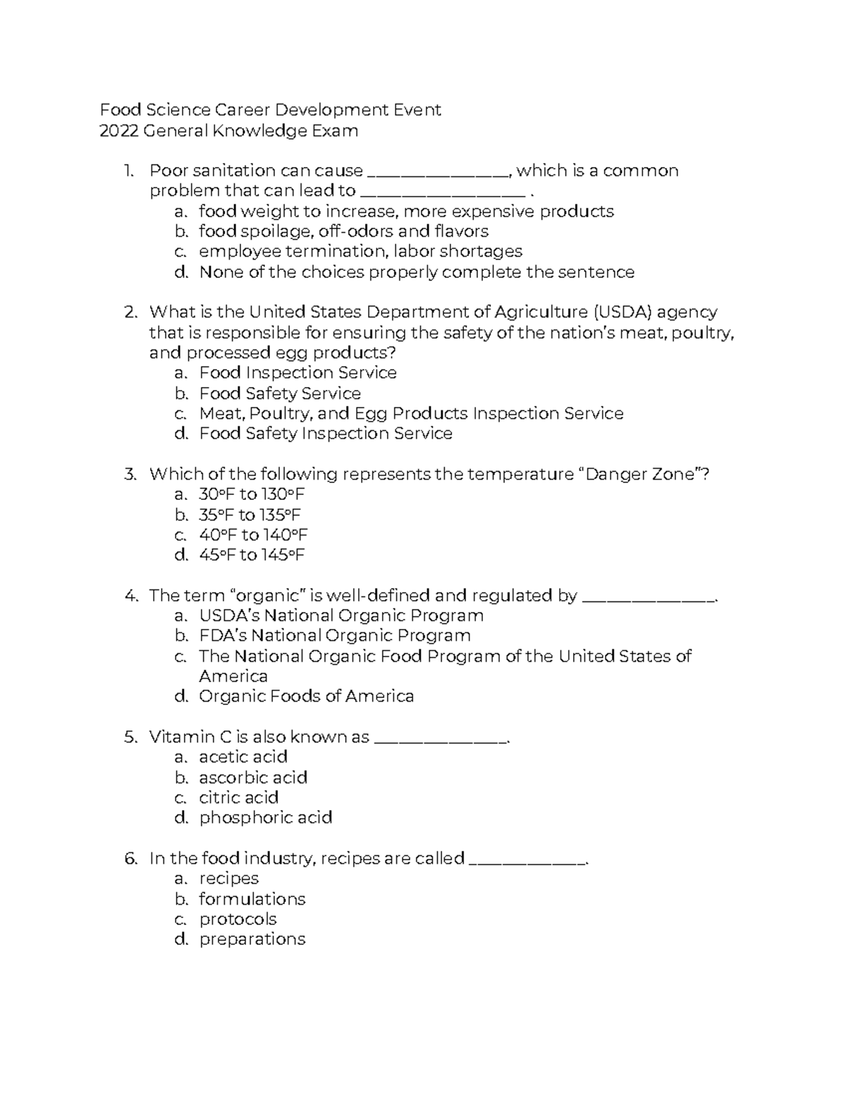 Food Science Career Development Event: 2022 General Knowledge Exam ...