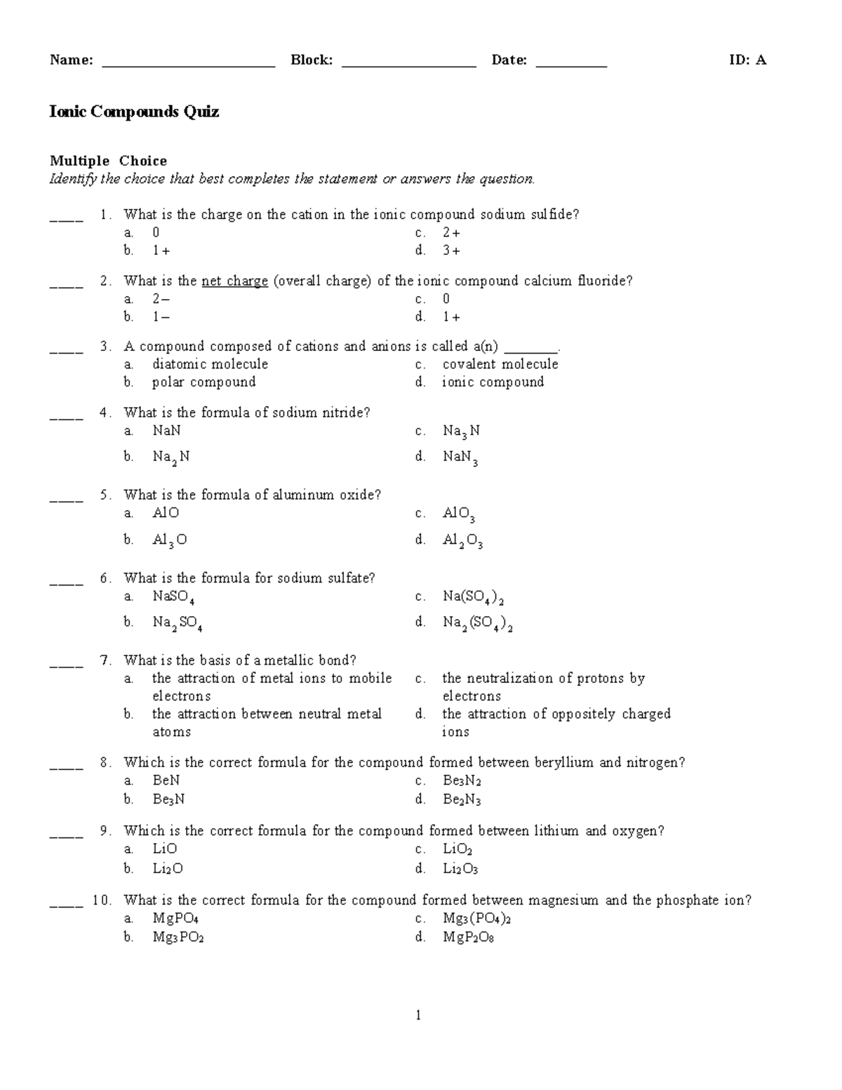 04HW Ionic Compounds Quiz: Practice Questions and Answers - Studocu
