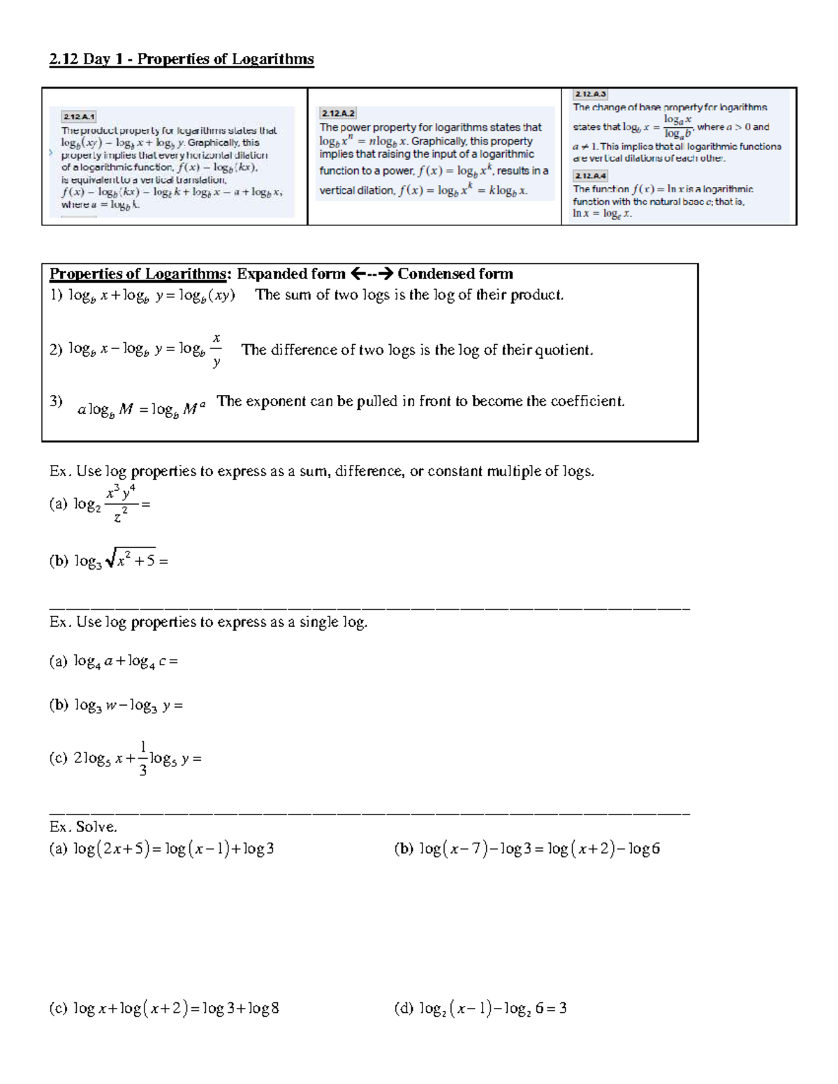 2.12 Day 1: Properties of Logarithms - Expanded & Condensed Forms - Studocu