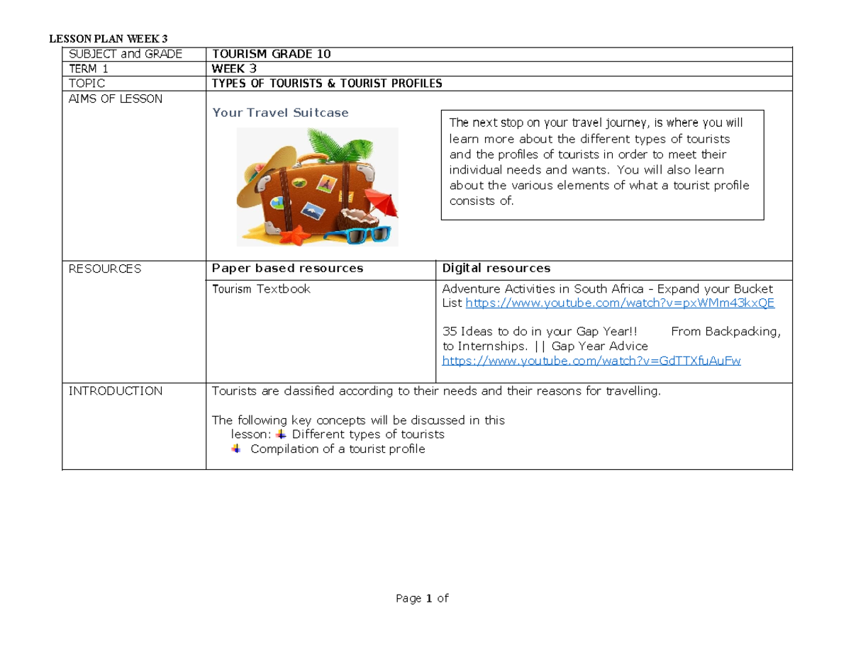 Final Exam - Tourism G10 Term 1 W3: Types & Profiles of Tourists - Studocu