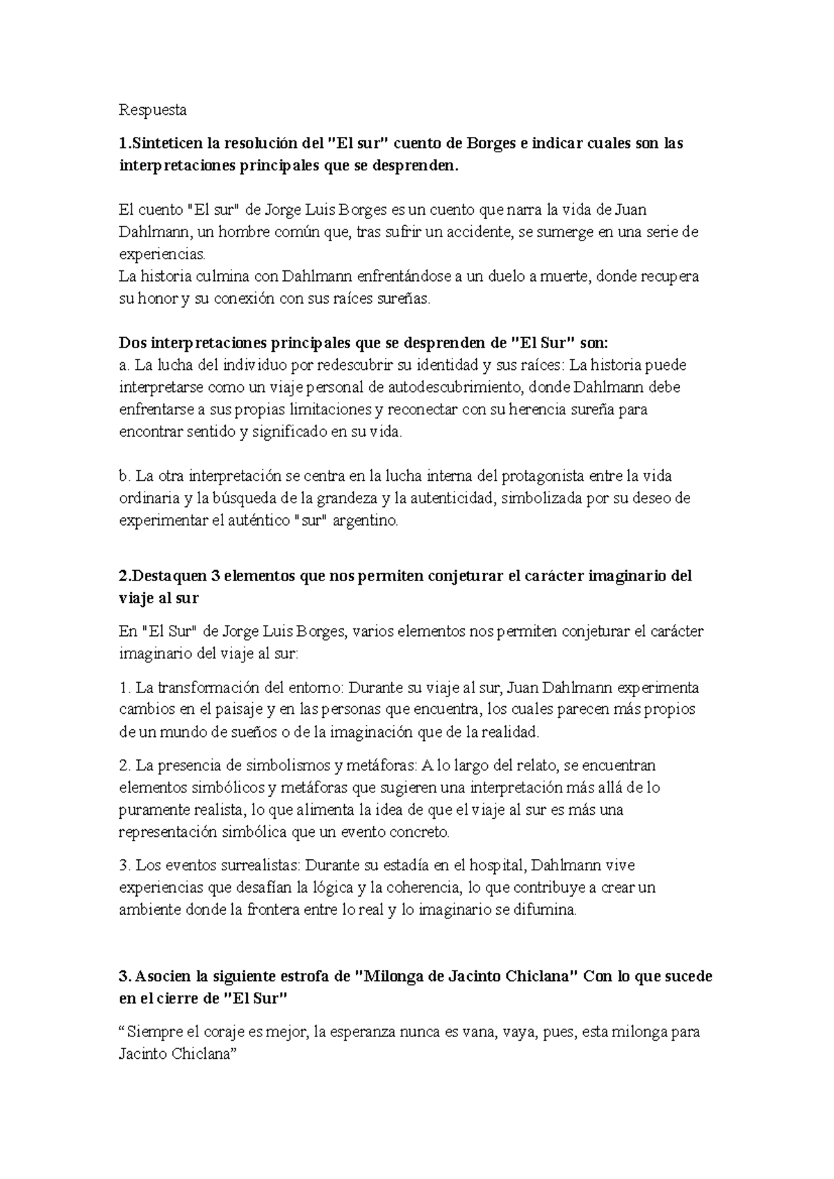 2- el sur Borges - Respuesta 1 la resolución del "El sur" cuento de ...