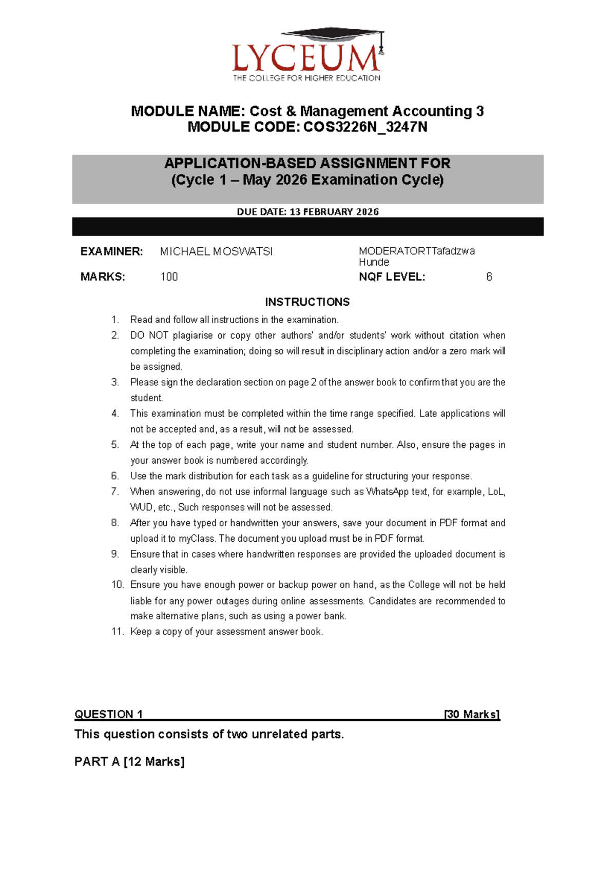 COS3226N_3247N C1 May 2026 Cost Management Accounting Assignment - Studocu