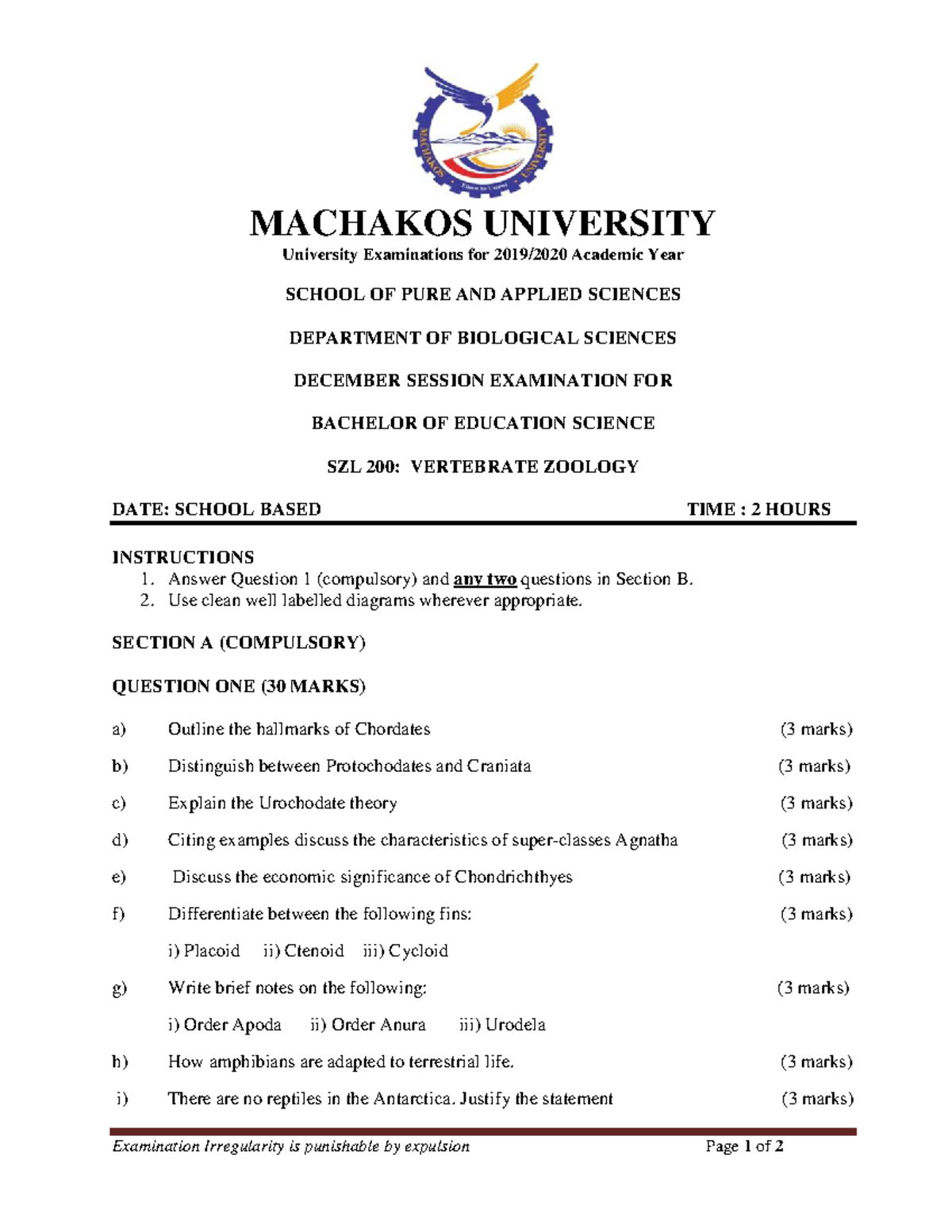 SZL 200: December Exam Notes for Vertebrate Zoology - Studocu