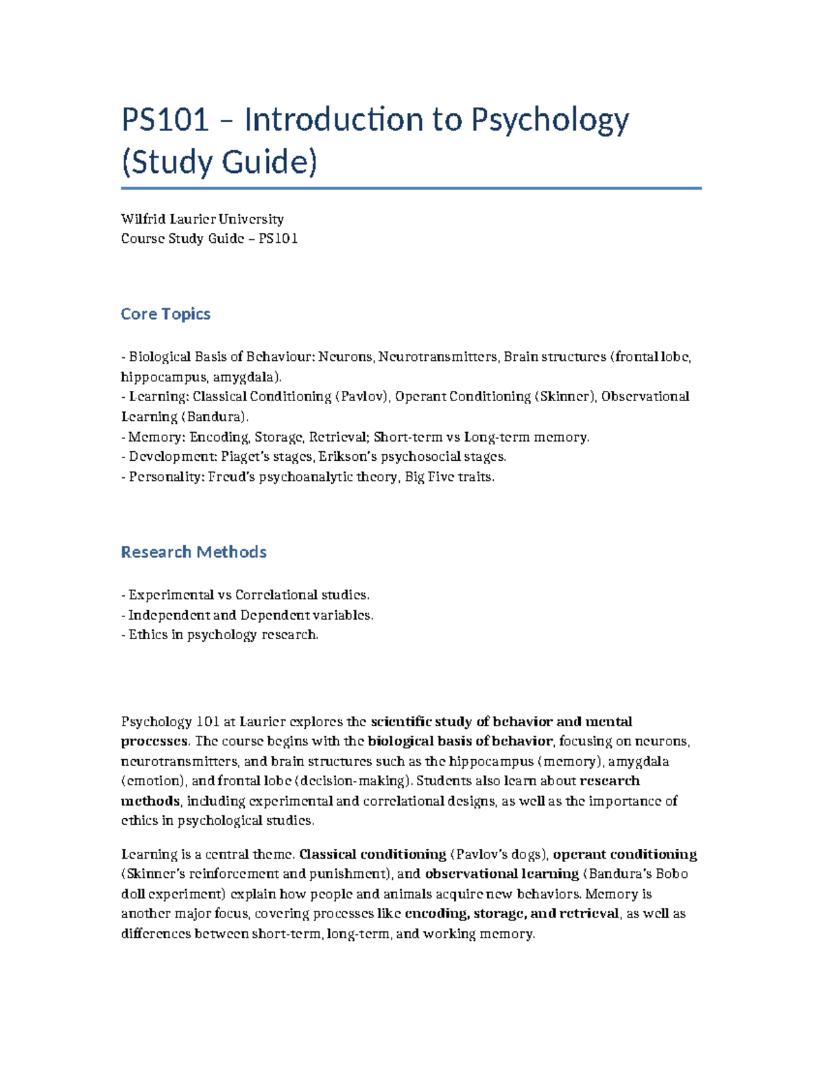 PS101 Study Guide: Core Topics in Psychology at WLU - Studocu