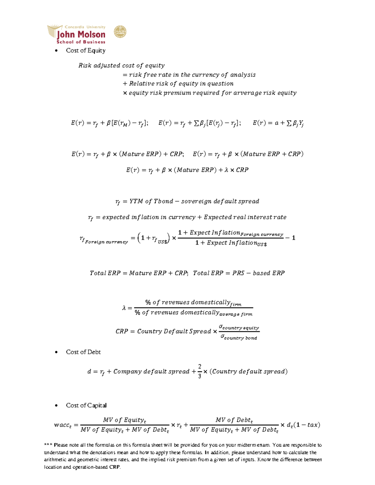 FINA 410 Midterm Exam Formula Sheet - P - *** Please note all the ...