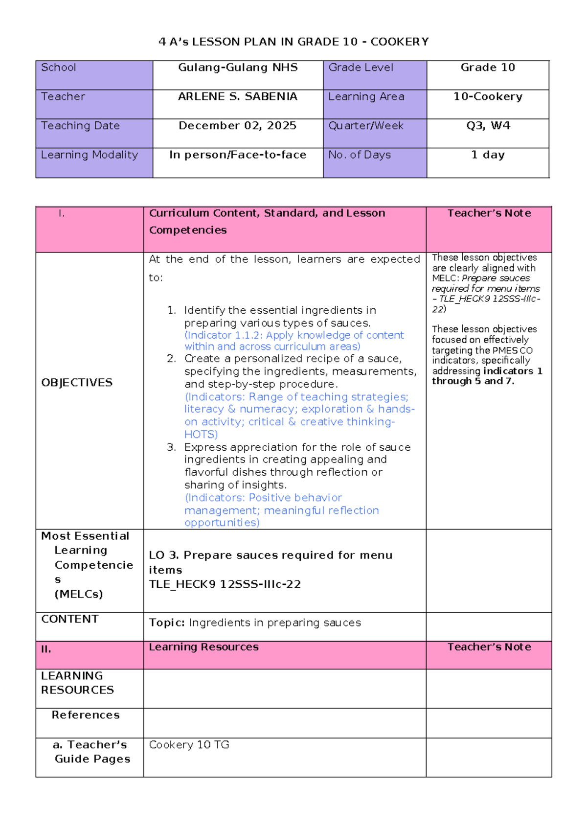 Grade 10 Cookery Lesson Plan: Preparing Sauces (TLE_HECK9) - Studocu