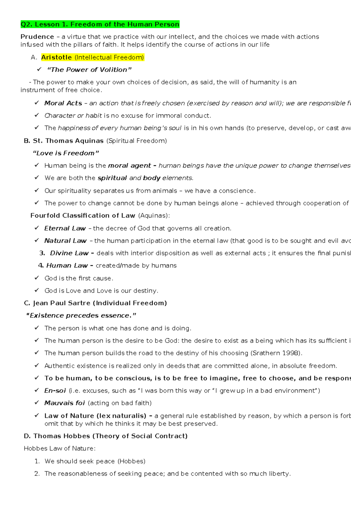 ALS Q2. Lesson 1: Freedom of the Human Person and Moral Agency - Studocu