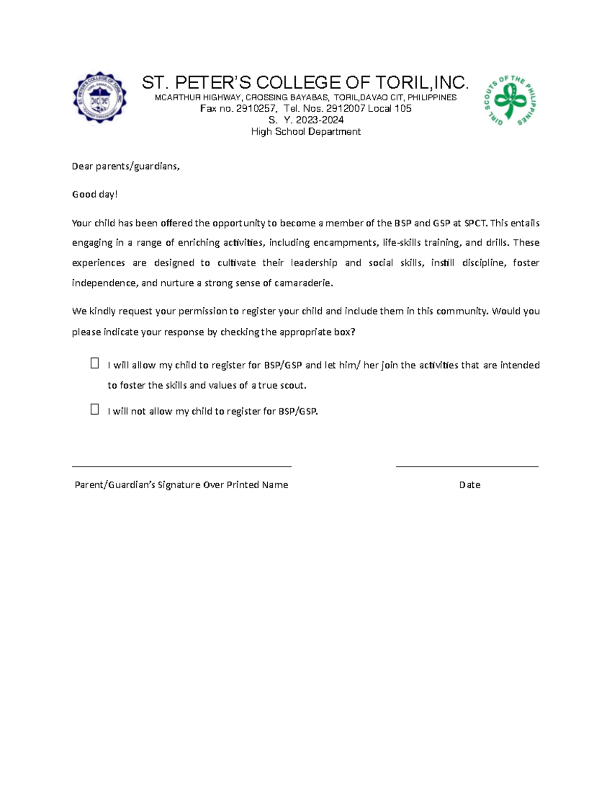 GSP and BSP Consent - this is for an investiture program and activities ...