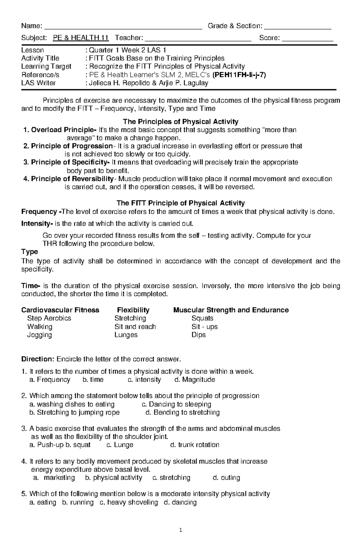 PE Health 11: Lesson Activity on FITT Principles - Quarter 1 Week 2 ...