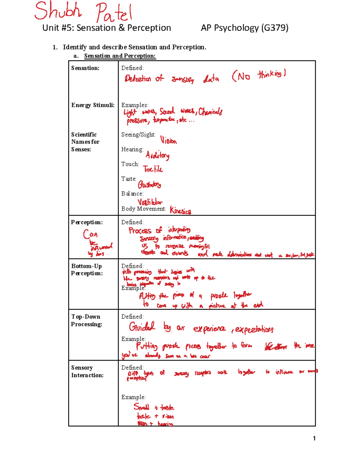 Unit 5: Sensation & Perception Study Notes for AP Psychology (G379 ...