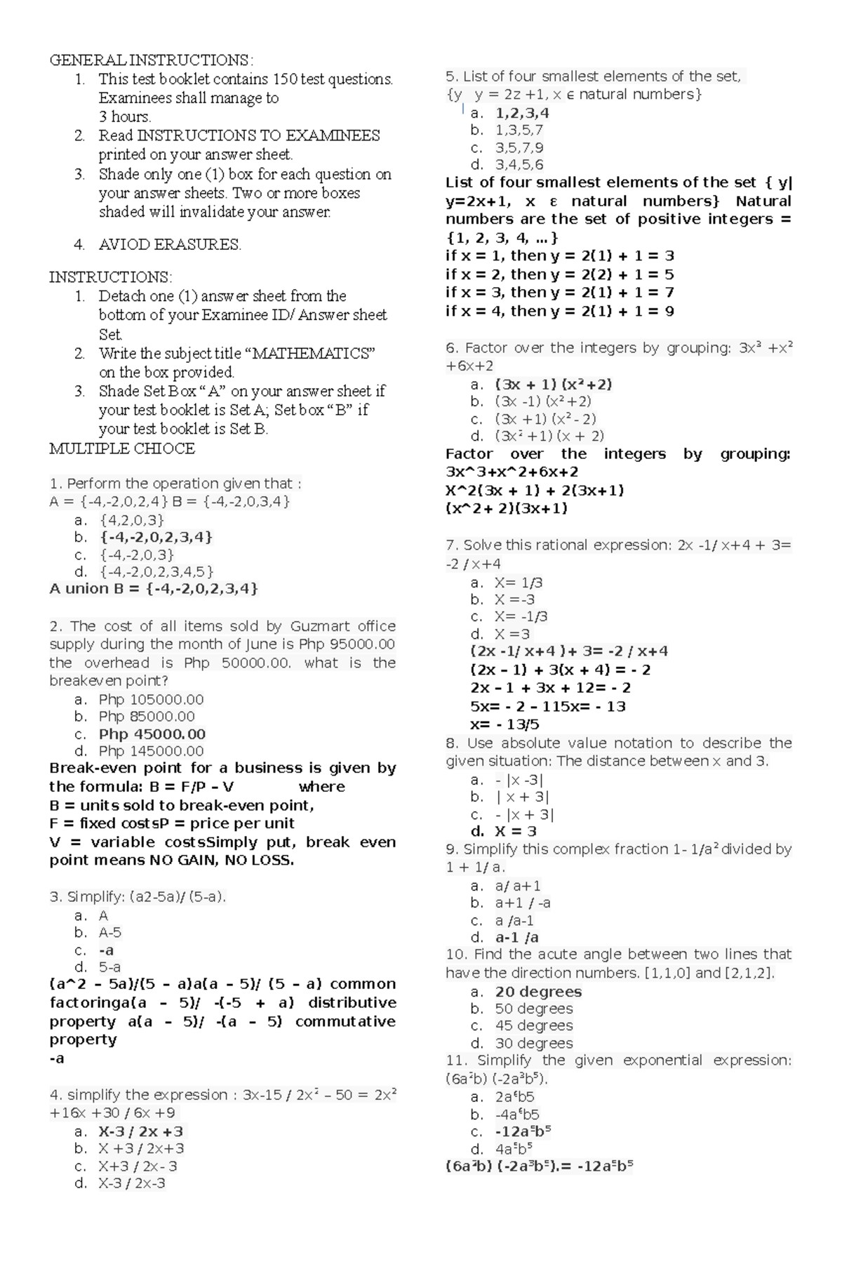 Mathematics 2 - LET Exam Math Major Practice Test Questions - Studocu