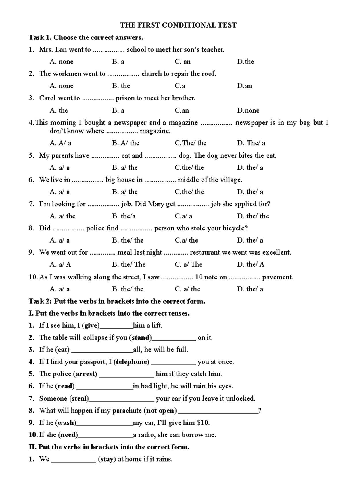 UNIT 10 TEST: First Conditional Exercises and Answers - Studocu